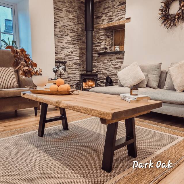 Vela Waney/Live Edge Coffee Table With A-Frame Metal Legs Walnut Oak ...