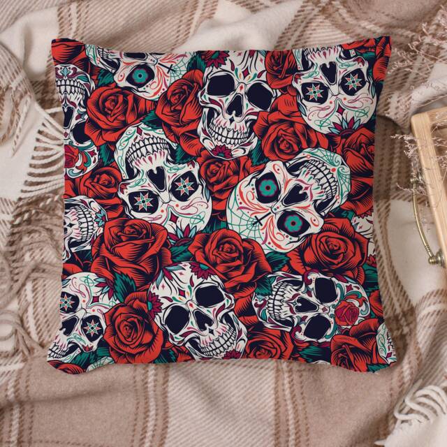 Skull Skeleton Floral Roses Pattern - Cushion/Pillow Cover Panel Fabric ...