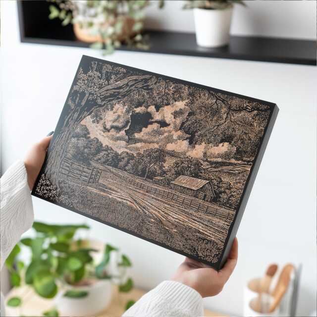 Southern Farmland Wall Art - Nature Inspired Engraved Wood Lithograph ...