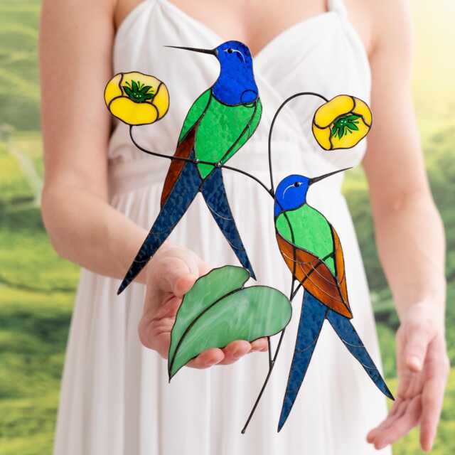 stained Glass Hummingbirds With Flowers Wall Decor Hummingbird Hanging ...