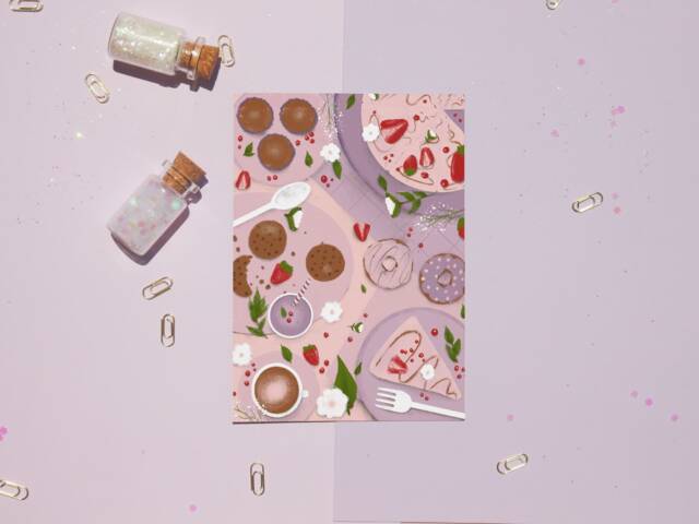 Purple Cute Cafe Art Print - Poster Kawaii Illustration Dreamy Wall ...