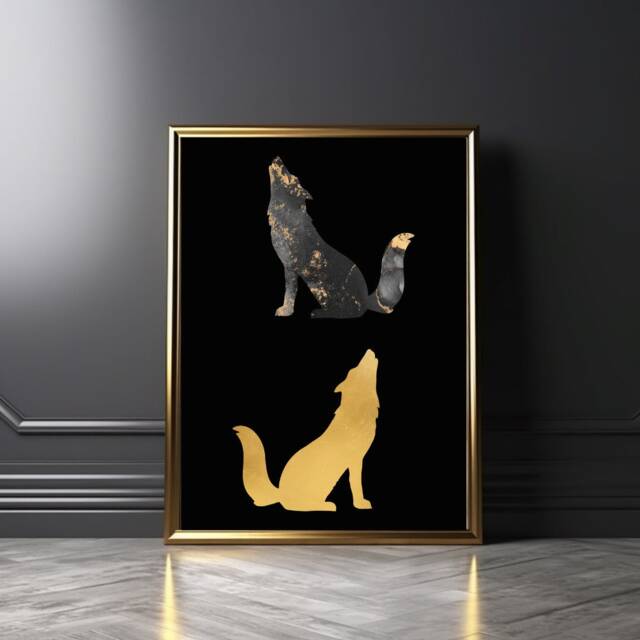 Black & Gold Wolf Wall Art - Abstract Wolves Print Fluid Ink Statement ...