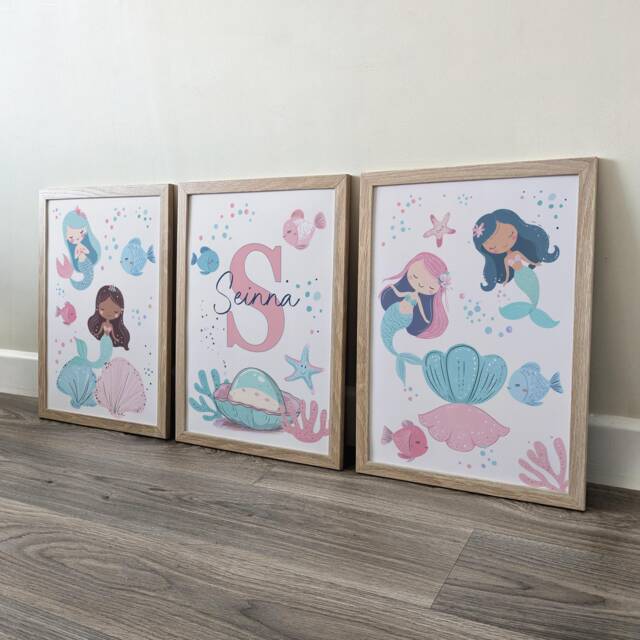 Mermaid Personalised Nursery Wall Prints, Set Of 3 Custom Initial ...