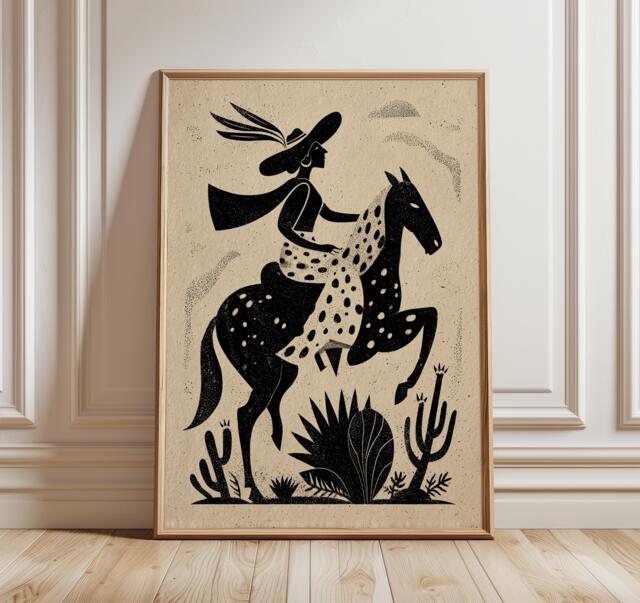 Cowgirl Western Art Print, Desert Rider Illustration, Vintage Folk ...
