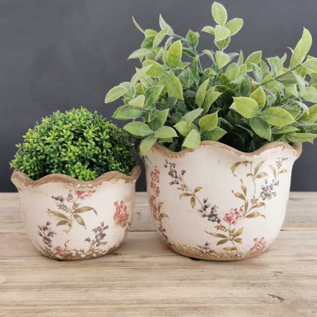 Distressed Ceramic Scalloped Edge Floral Plant Pot, Decorative Indoor ...