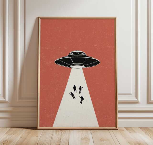 Retro Ufo Abduction Art Print, Minimalist Red Black Poster, Funny Alien ...