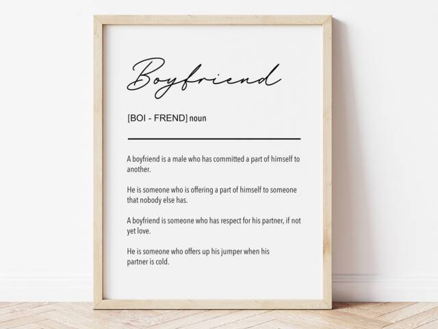 Boyfriend Definition Print - Meaning Valentines Day Gift Wall Art Desk ...