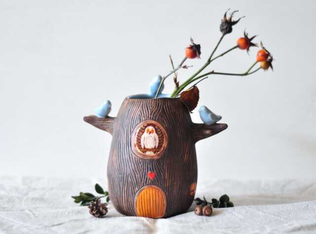 Brown Ceramic Vase With Owl & Birds, Home Decor Stoneware Modern Vase ...