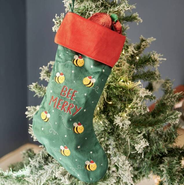 Personalised Embroidered Bee Merry Stocking , Green & Red - Christmas ...