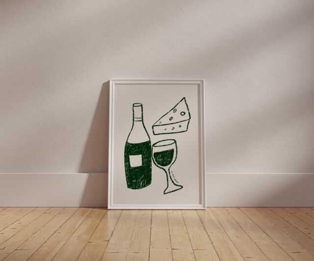 Wine & Cheese Art Print Poster, Vintage Food Print, Trendy Retro Drink ...
