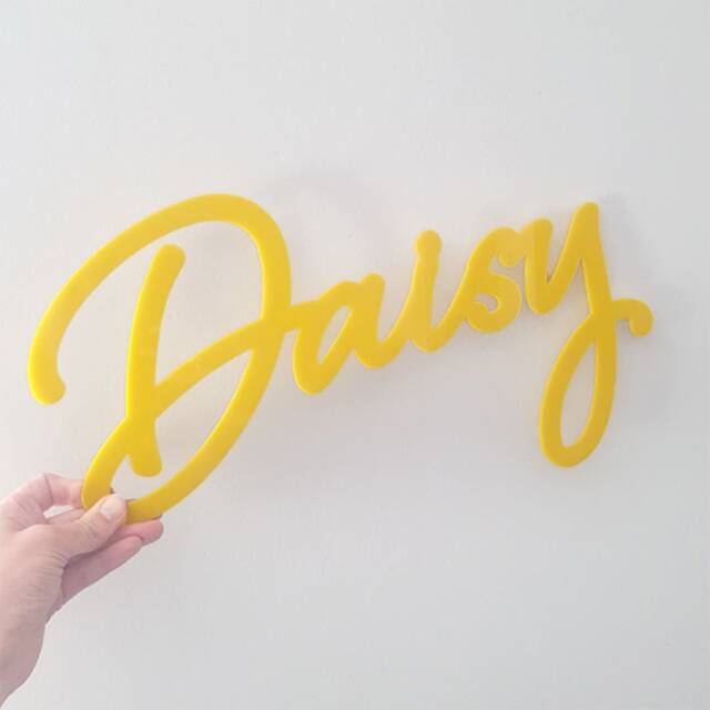 Personalised Large Script Yellow Acrylic Wall Name - Oak Wood Coloured ...
