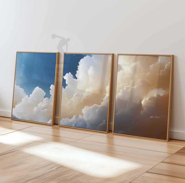 Clouds Bedroom Wall Art Set Of 3 Prints, White Beige Sky Posters ...