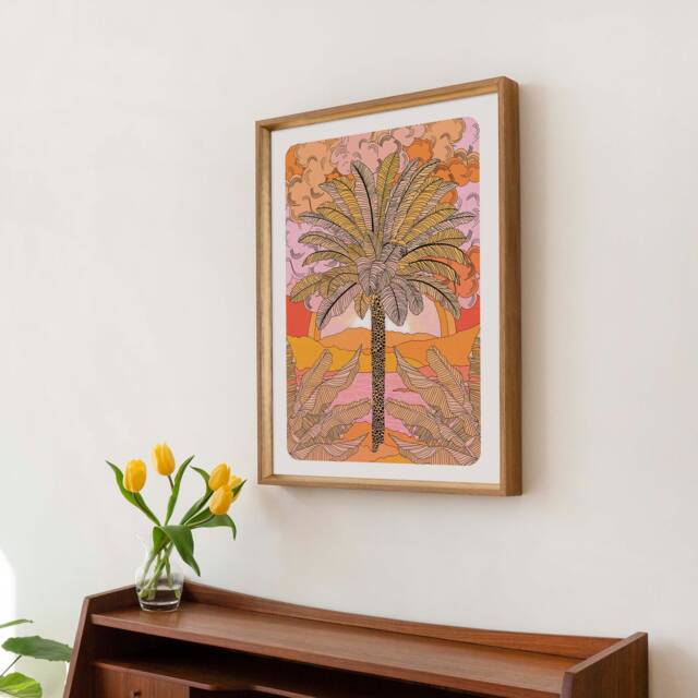 Sunset Palm Art Print - Boho Vintage Poster Retro Warm Orange Gradient ...