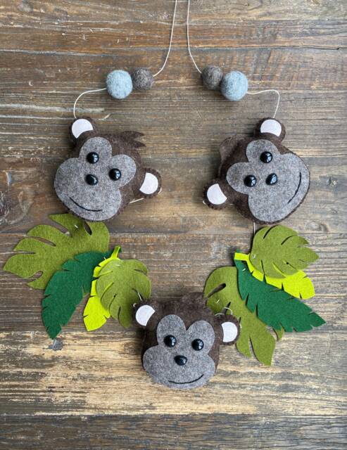 Monkey & Leaves Felt Garland, 100% Wool Felt, Baby Bunting, Safari ...