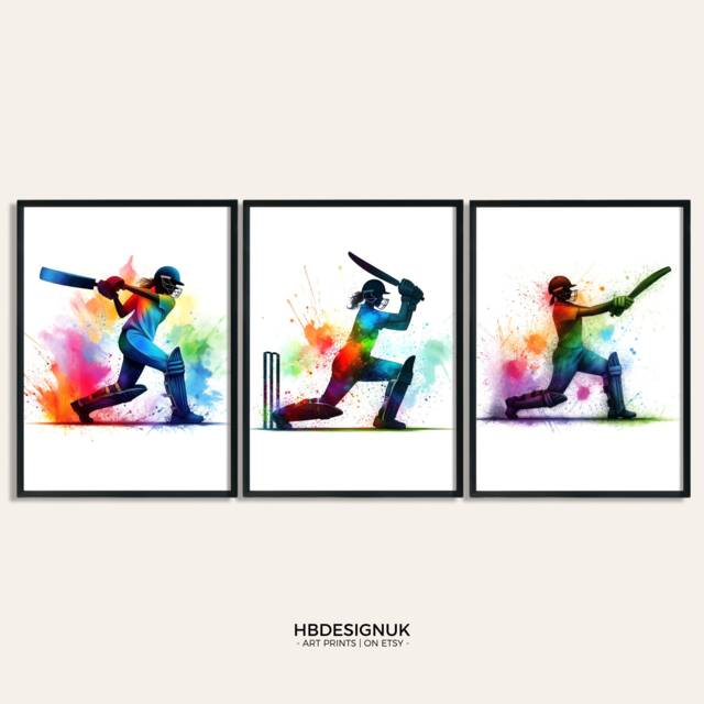 Girls Cricket Wall Art - Set Of 3 Poster Prints - Pink Watercolour Gift ...