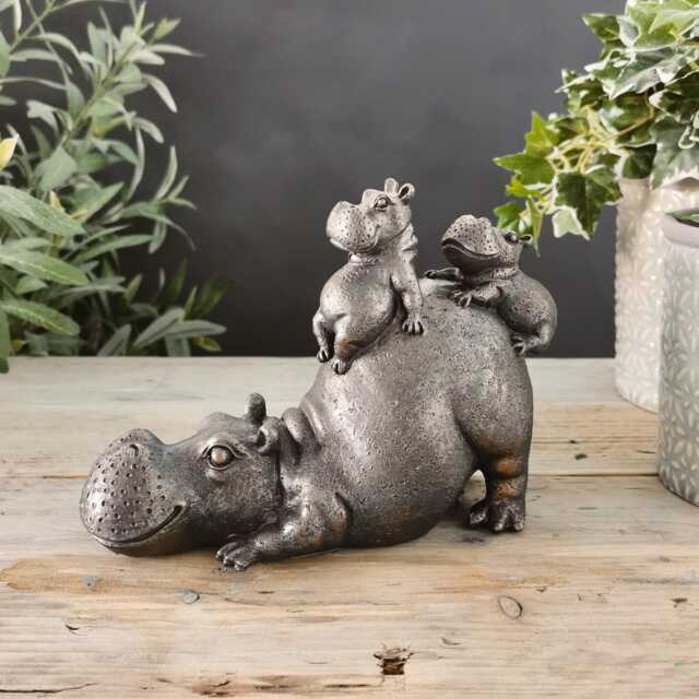 Bronze Effect Lying Hippo Figurine With Babies, Gift, Hippopotamus ...