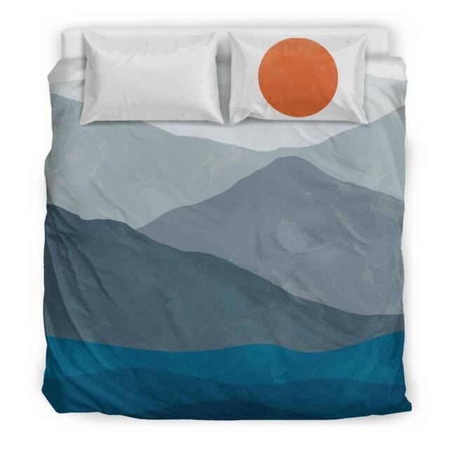Modern Mountain Sunset Bedding Set - Abstract Blue Ocean Duvet Cover ...