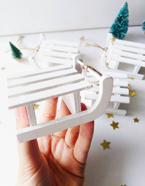 White Wooden Christmas Sled Ornaments, Old Fashioned Sledge, Hand ...