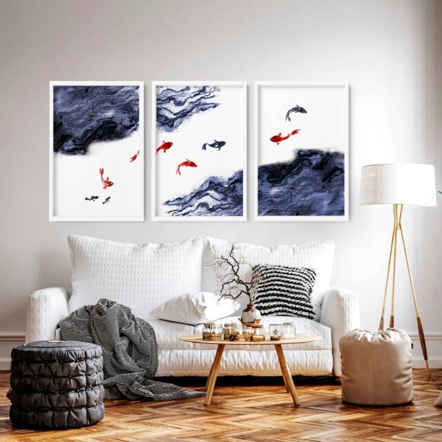 Trendy Koi Fish Print Set Of 3 Framed Wall Art Prints For Living Room ...