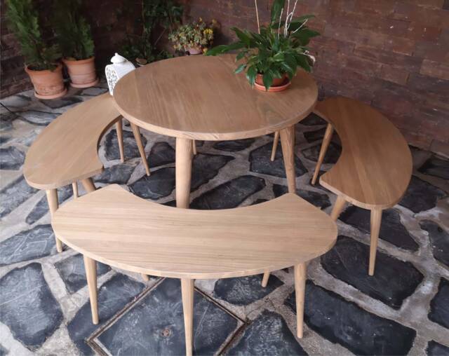 Table & Benches, Round Dining Chairs, Garden Table, Kitchen Bench, Ref ...