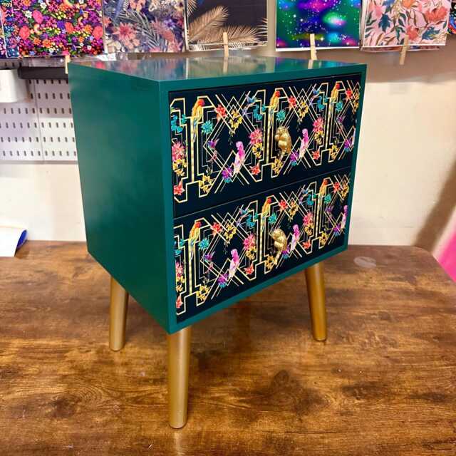 Emerald Green, Gold Tropical Art Deco Square Nightstand. Parrot, Floral Colourful Two Drawer ...