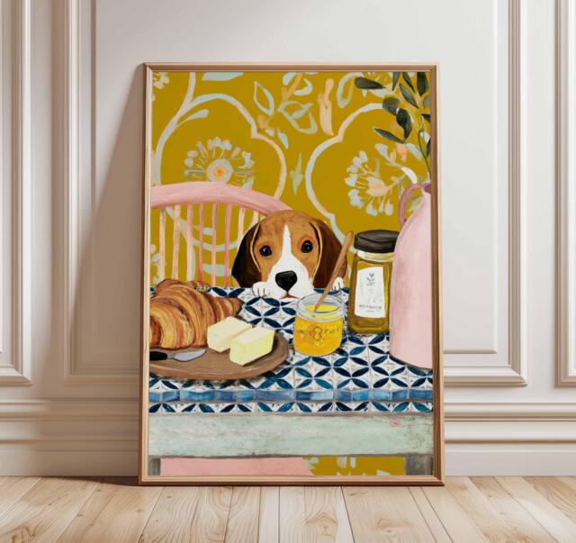 Beagle Dog Art Print, Breakfast Table Poster, Croissant & Coffee ...