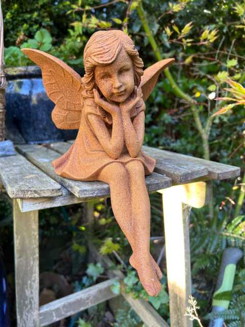 Rusty Cold Cast Iron Fairy Sitting Statue - Garden Ornament Decoration ...