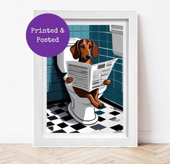 Dachshund Sitting On The Toilet Reading Newspaper - Sausage Dog Print ...