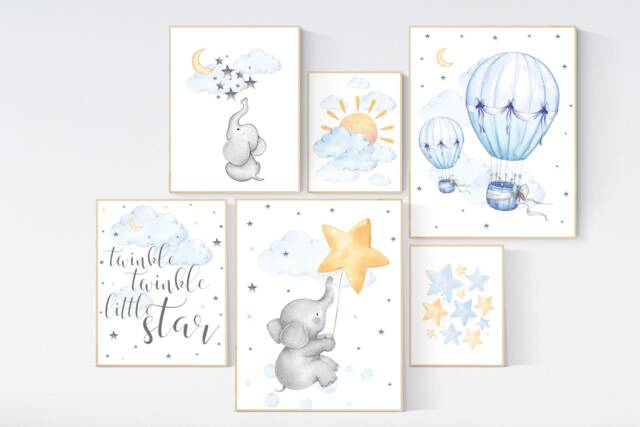 Nursery Decor Gender Neutral, Animal Prints, Wall Art Elephant, Blue Yellow, Nursery Decor ...
