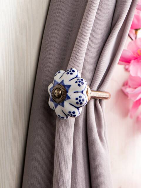 Hand-Painted Ceramic Flower Curtain Tie Back Blue & White Rustic Hook ...
