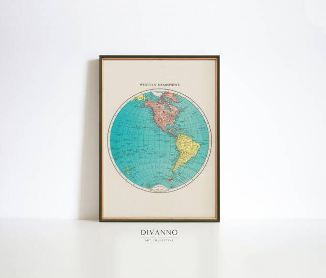 Vintage World Atlas Art Print, Western Hemisphere Poster, Home School ...