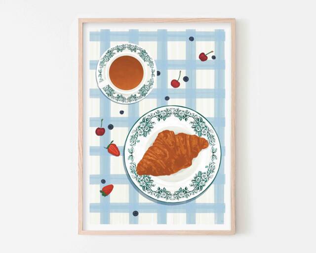 French Bakery Breakfast Illustration Croissant, Coffee & Berries ...