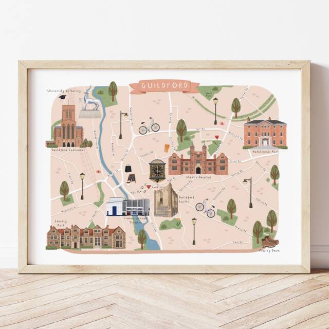 Guildford Map, Illustrated Map Of Guildford, Print, Art, Travel, Poster ...