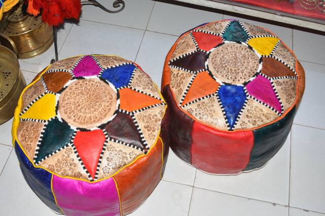 Moroccan Oiledtan Leather Pouf With Embroidered Design, Ottoman ...