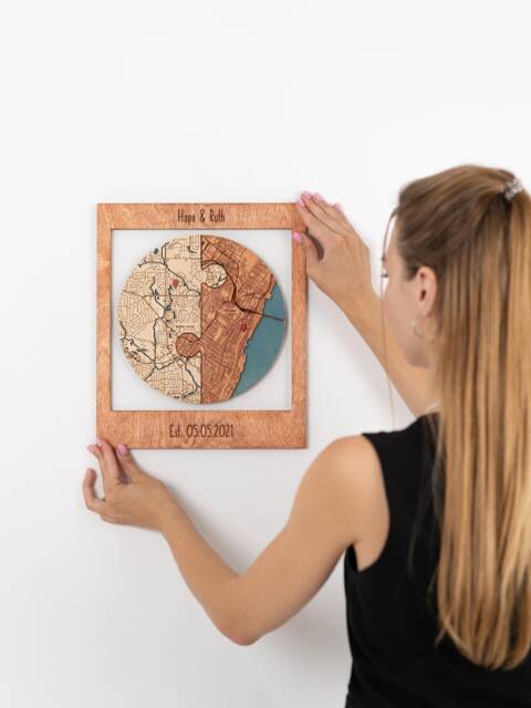 Two Locations Wooden Puzzle Map Framed Wall Art, Couples Travel Map ...