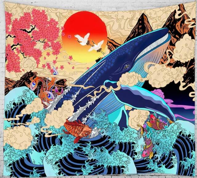 Whale Tapestry Wall Hanging Japanese Art Great Wave Koi Fish Cherry Blossom Sun Decor by Etsy ...