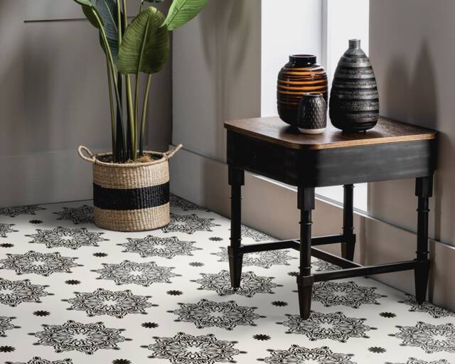 Mehndi Design Illustration Vinyl Flooring, Beige Retro Floor Art, Black ...