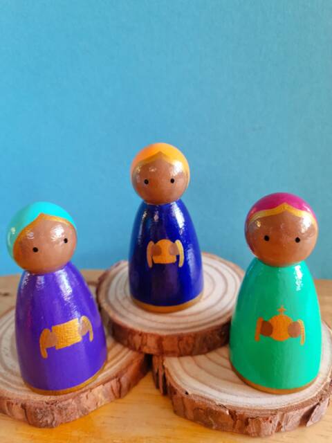 Three Kings From Wooden Nativity, Bespoke Hand Painted Wood Peg Doll ...