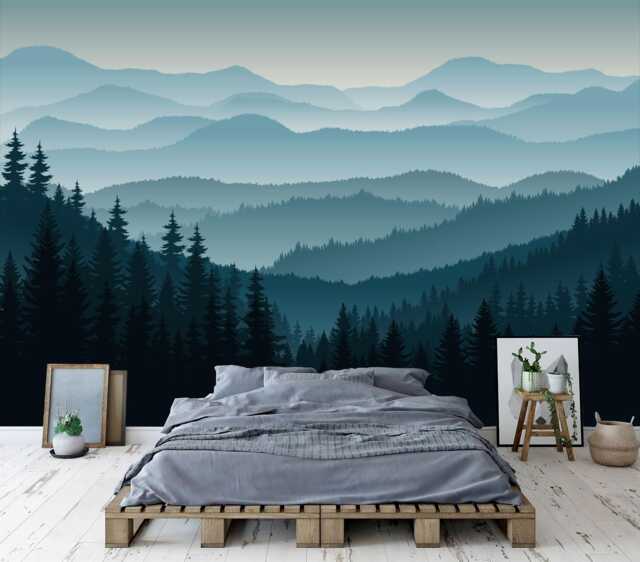3D Blue Morning in Mountains Ombre Pine Forest Wall Gift, Art Print Photomural Wallpaper Mural ...