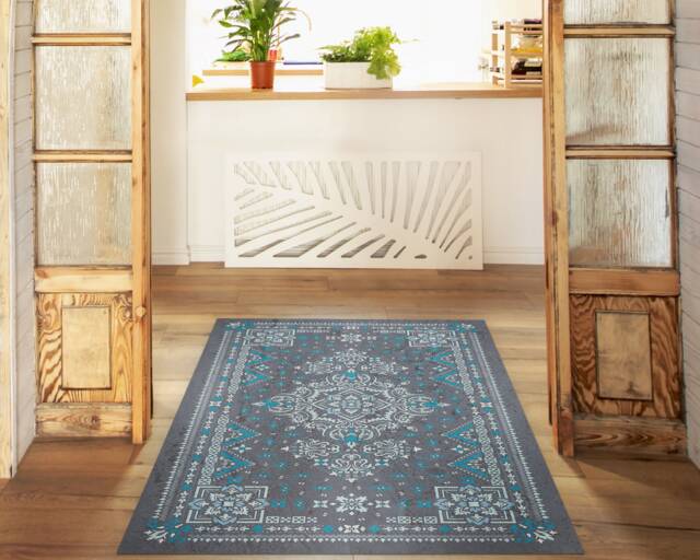 Midnight Blue Turkish Art Rug Vinyl Mat, Rug, White PVC Ornament Floor ...