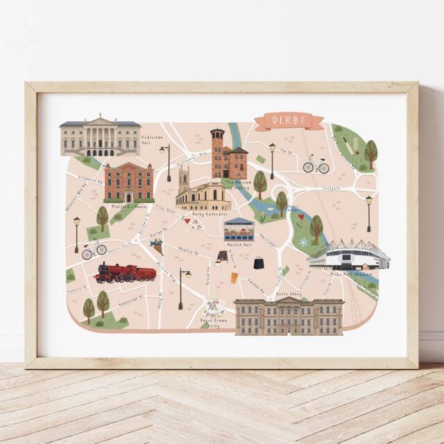 Derby Map, Illustrated Map Of Derby, Poster, Print, Art, Illustration ...