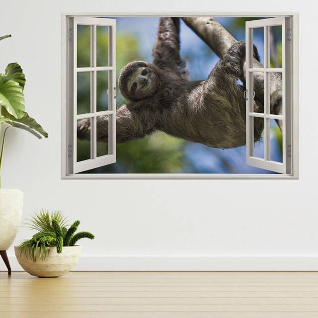 Happy Sloth On Tree 3D Window View Wall Sticker Poster Decal A800 by ...