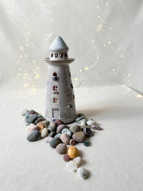 Tea Light Holder, Raku Pottery, Ceramic Lighthouse, Light Cutout Lantern, Lighthouse Luminary ...