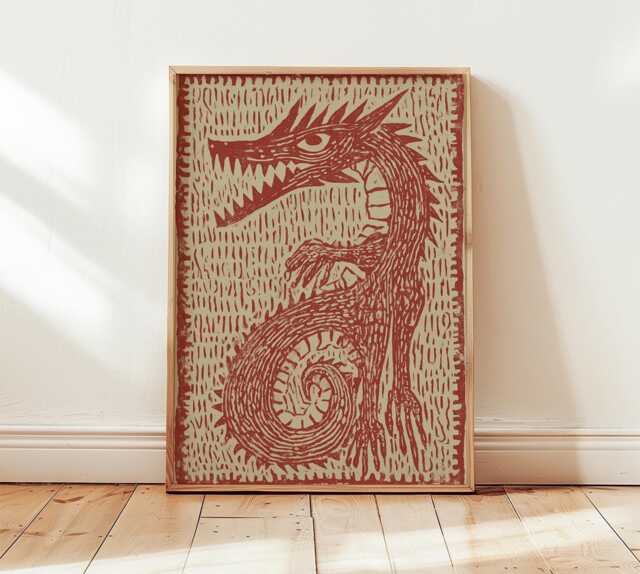 Red Dragon Linocut Print, Mythical Creature Wall Art, Nordic Folk Style ...