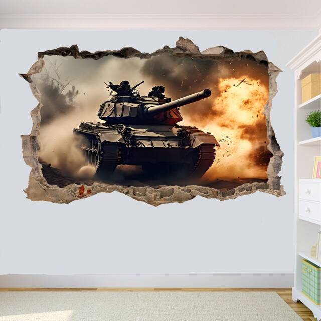 Army Tank Action Wall Sticker Mural Poster Decal 3D Art Office Room ...