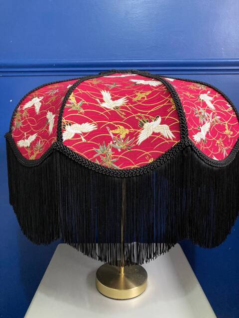 Japanese Crane Pink Lampshade With Fringe & Braid in Chinoiserie Style ...