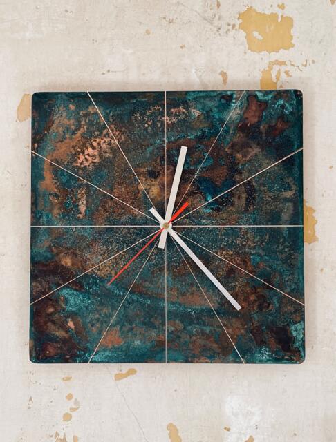 Solid Copper Patina Wall Clock - Scored Green Industrial Chic Square ...