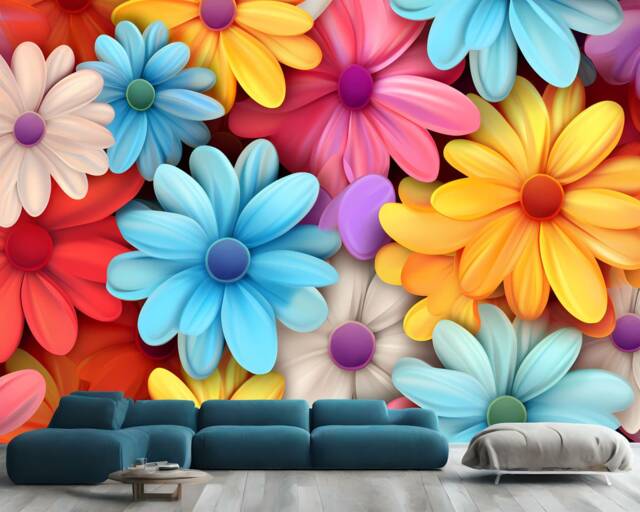 Whimsical Daisies in Rainbow Gradient Gift, Art Print Photomural ...