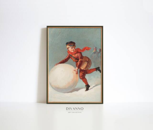Antique Christmas Snow-Play Print, Giant Snow Ball Poster, Vintage Kids ...