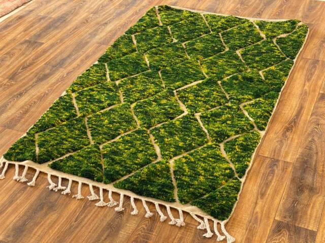 Beni Ourain Rug, Moroccan Green & White Authentic Wool Checkered Carpet ...